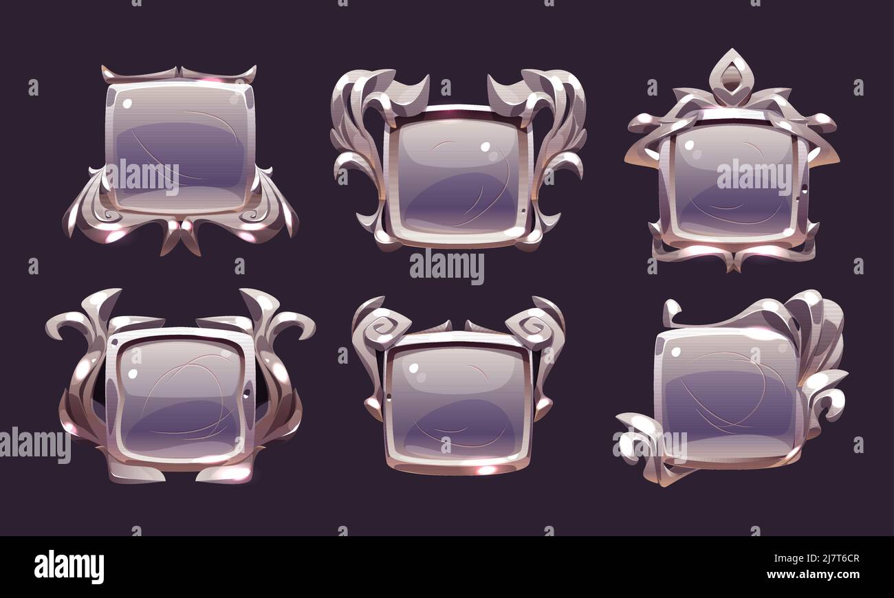 Game level metallic ui badges, empty silver or steel square banners ...