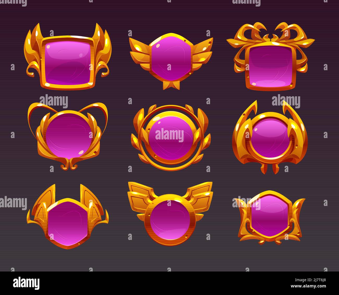 Award badges with fantasy gold frames. Decorative emblems, achievement ...