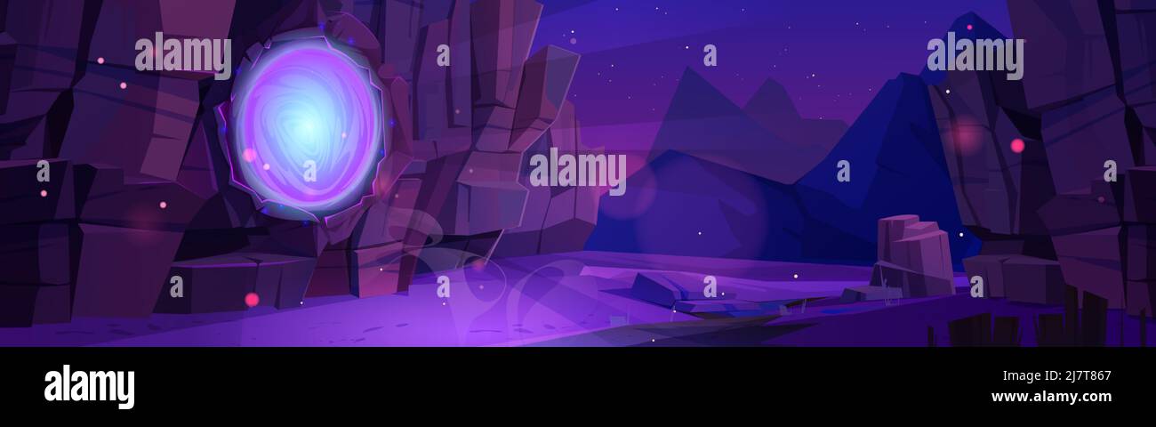 Magic portal on rock wall with mystic purple glow at night. Vector ...