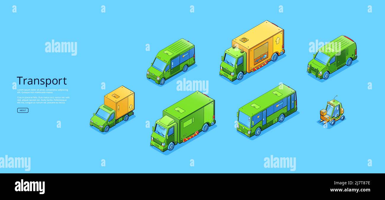 Transport poster with isometric trucks and buses. Vector horizontal ...