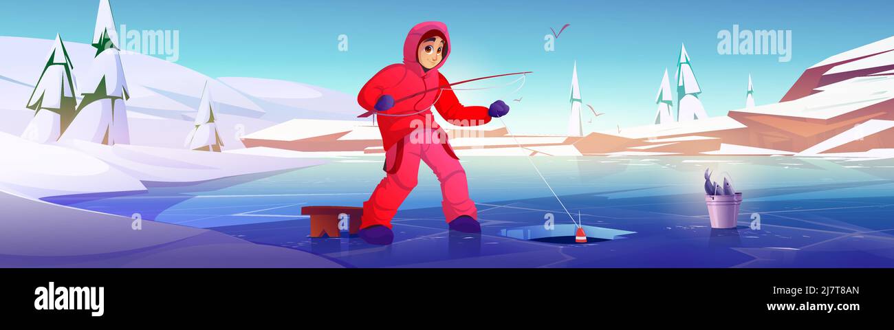 Man with rod on ice fishing. Concept of winter hobby and recreation ...