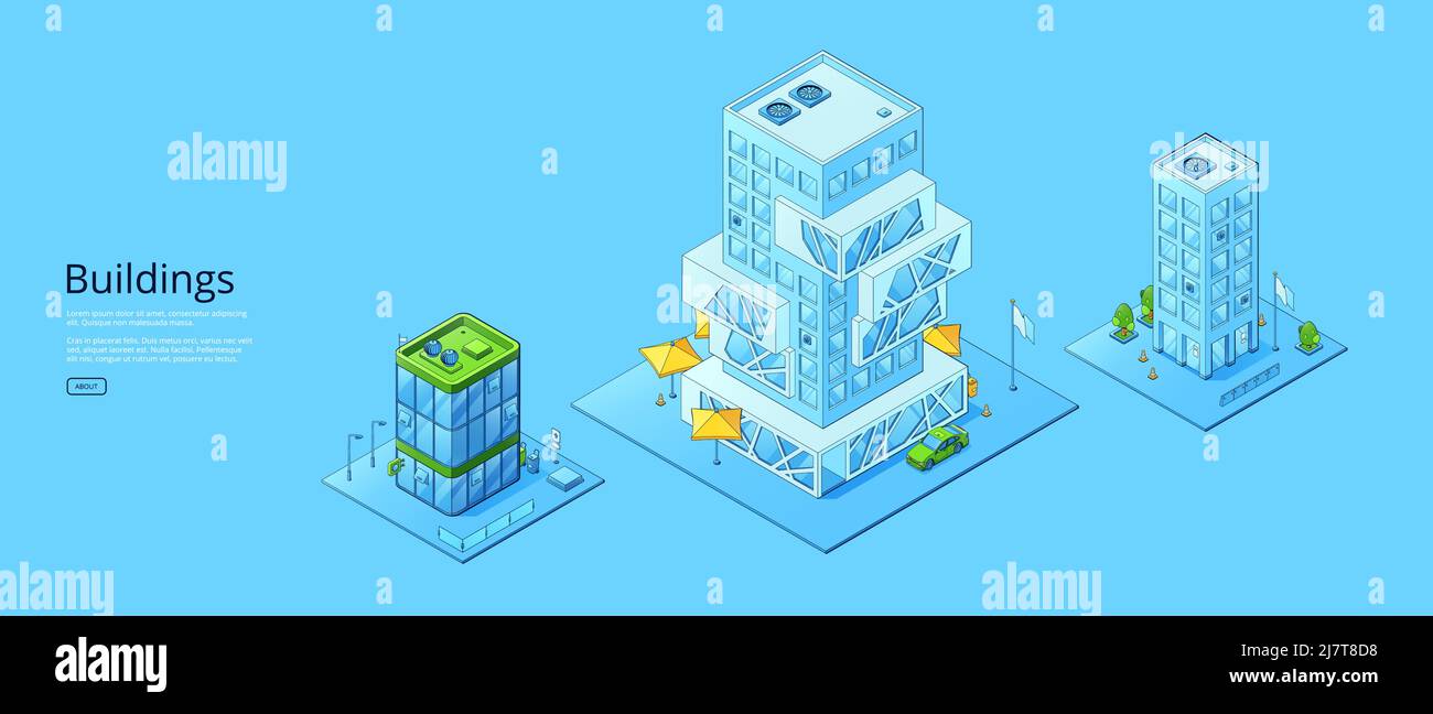 Buildings banner with isometric modern office, hotel and store. Vector ...