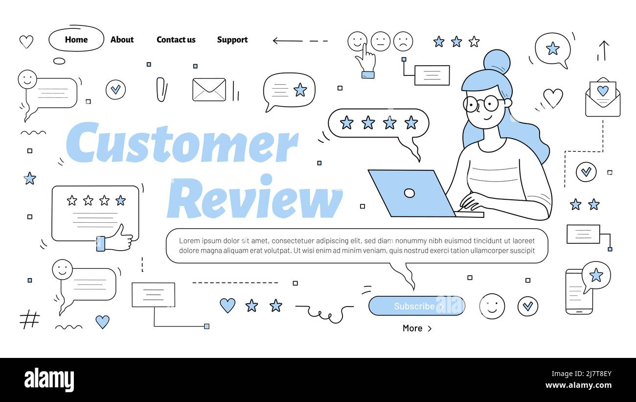 Customer review banner with girl puts feedback or write comment on ...