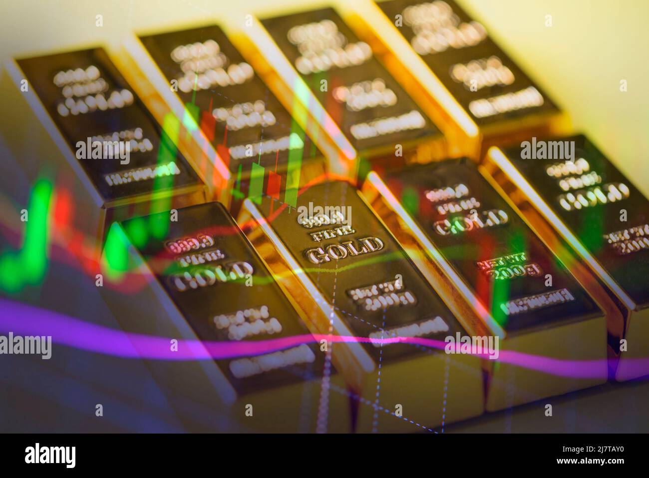 Gold trading, gold bars on fabric with stock graph chart stock market trade background, pile of ...
