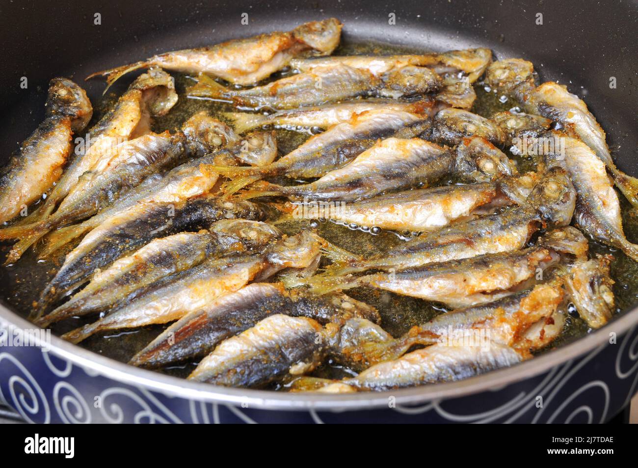 Delicious and beautiful fresh horse mackerel istavrit fish frying in a ...