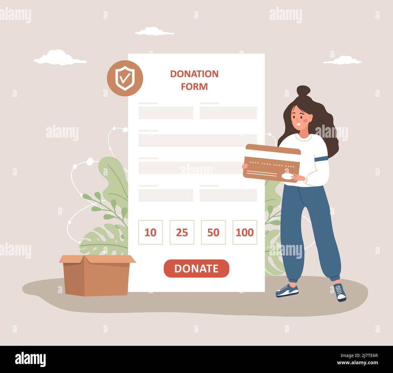 Online donation form. Volunteer woman donating money and paying with ...