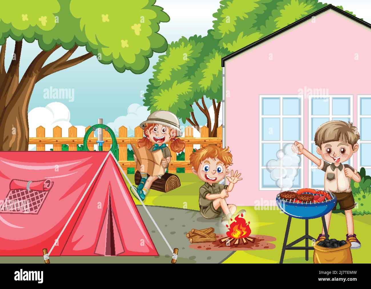 Backyard camping with kids illustration Stock Vector Image & Art - Alamy
