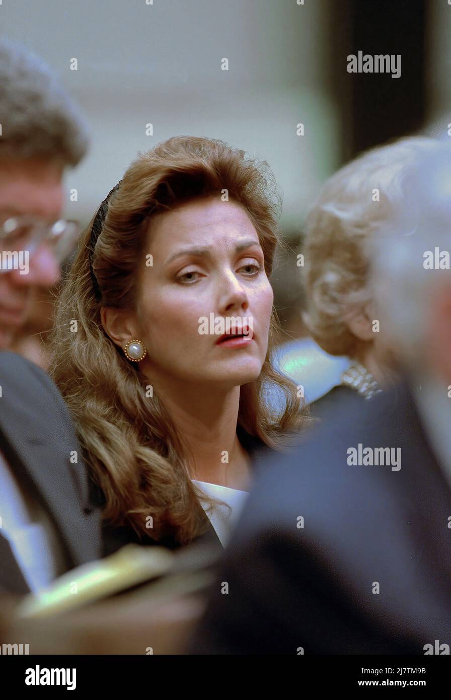 WASHINGTON DC - SEPTEMBER 11, 1991 Actress Lynda Carter sits behind her ...