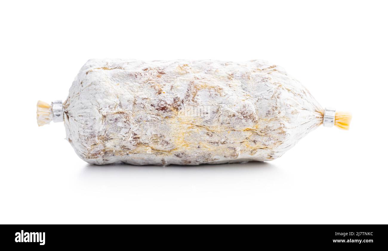 Traditional sausage with white mold. Dried pork salami isolated on a ...