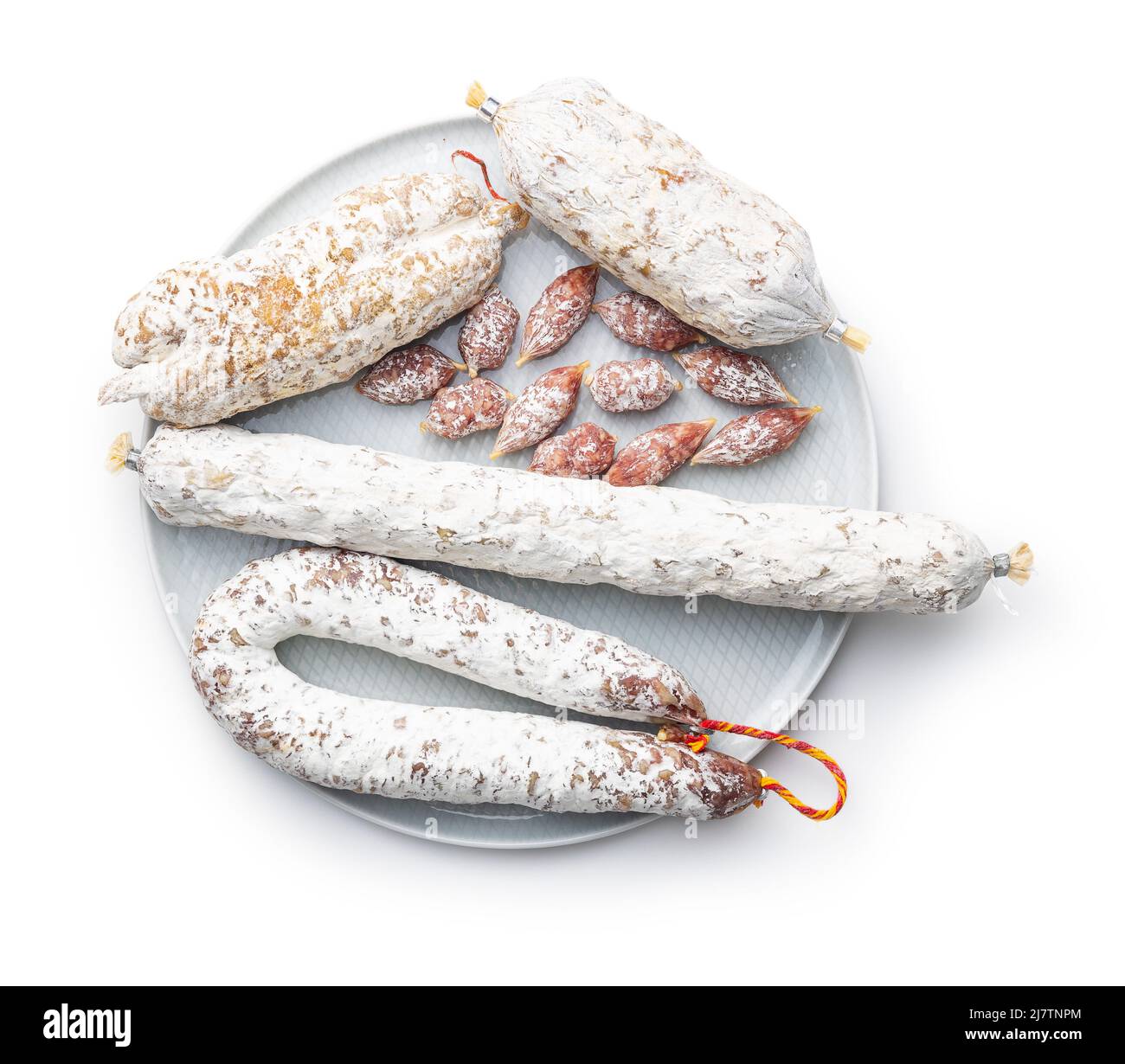 Traditional sausage with white mold. Dried pork salami isolated on ...