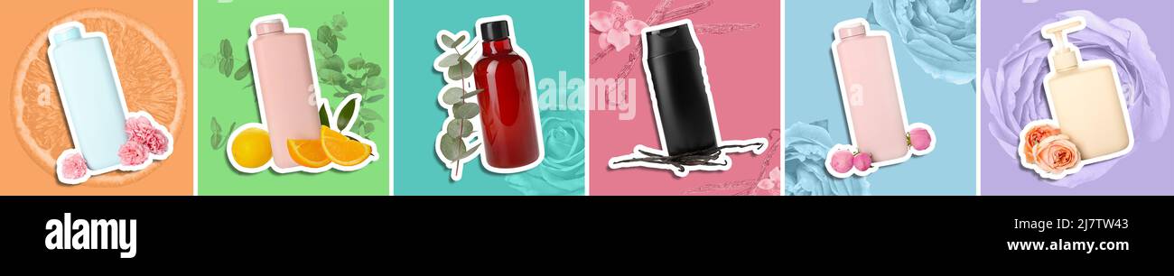Set of bottles of natural shampoo on colorful background Stock Photo ...