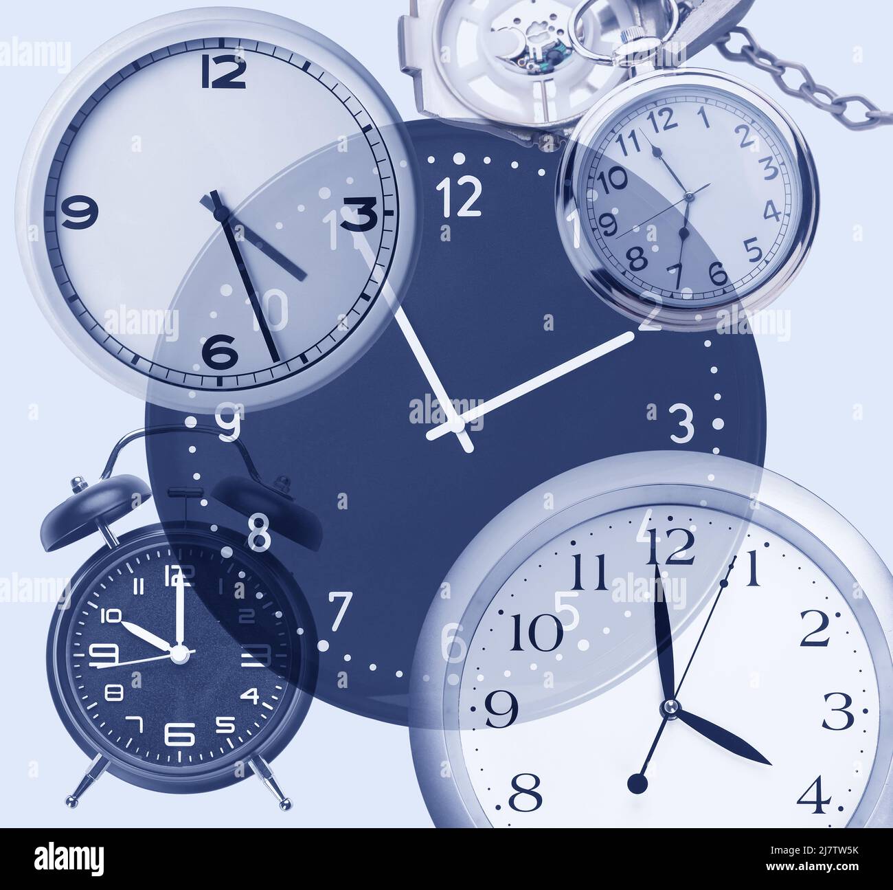 Collage with many different clocks on light background Stock Photo - Alamy