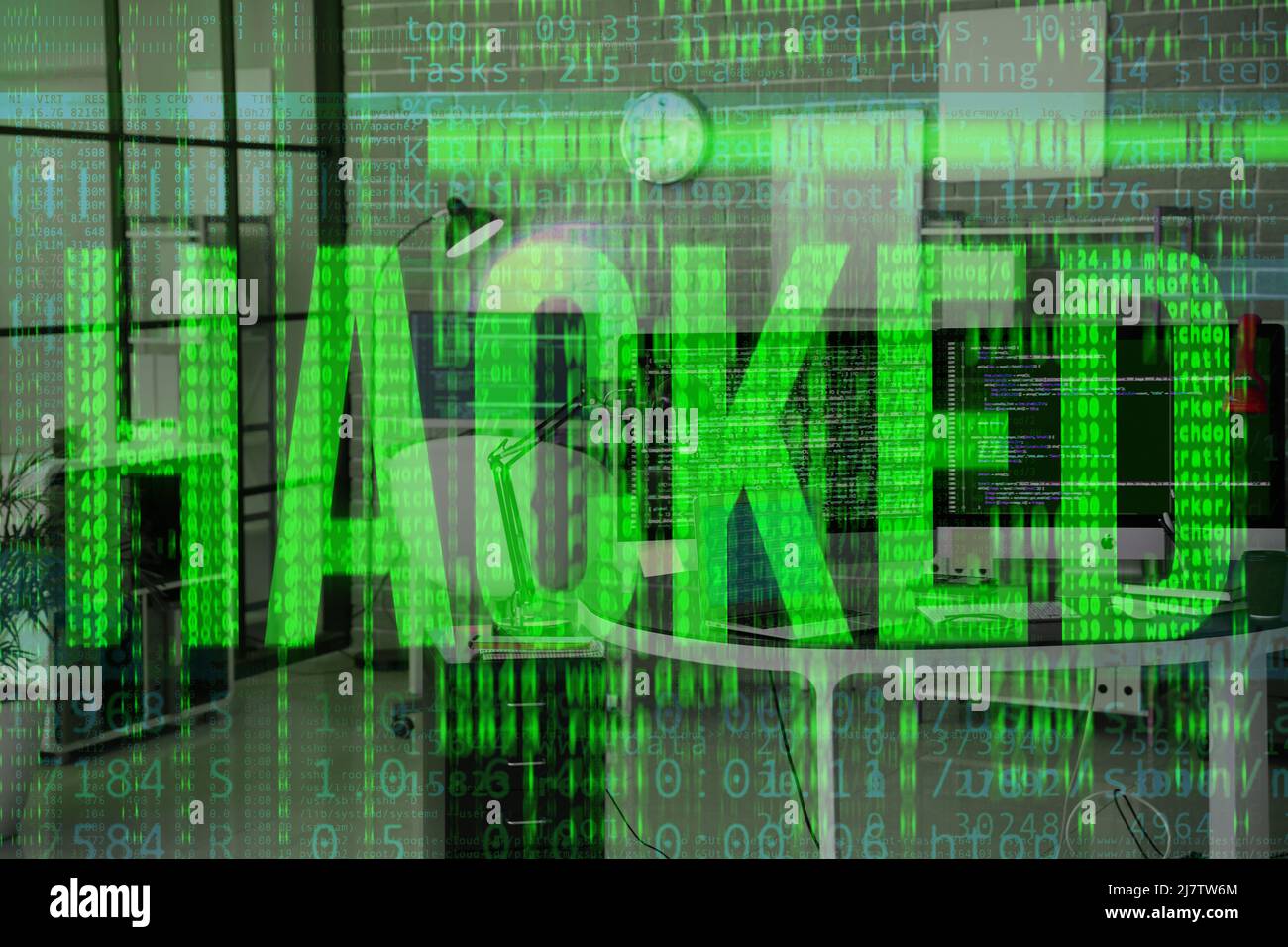 Double exposure of programmer's office, computer code and word HACKED ...