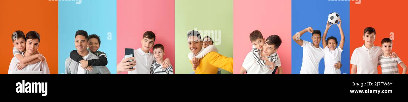 Set of adorable brothers on colorful background Stock Photo - Alamy