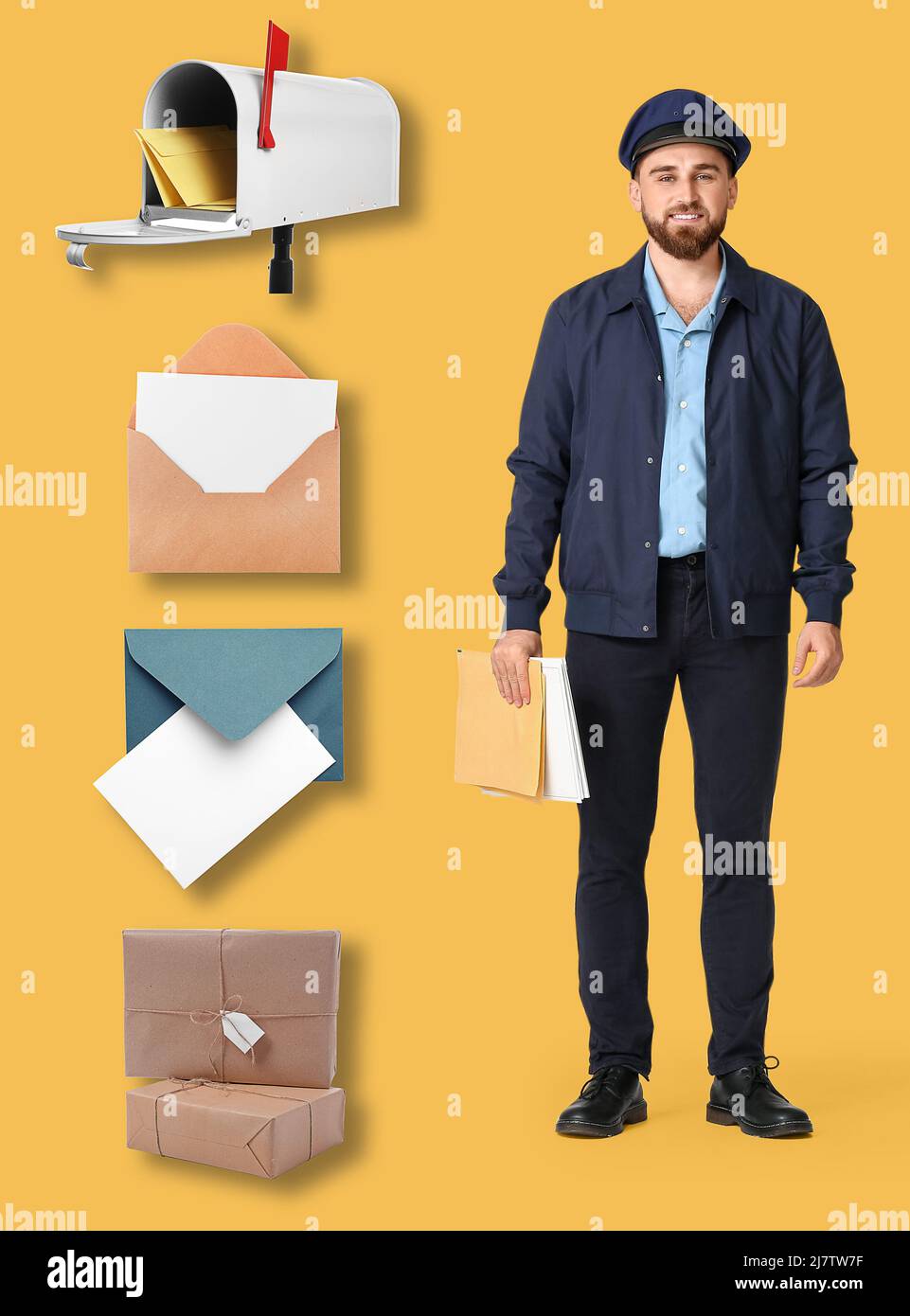 Handsome young postman, parcels, letters and mail box on yellow ...