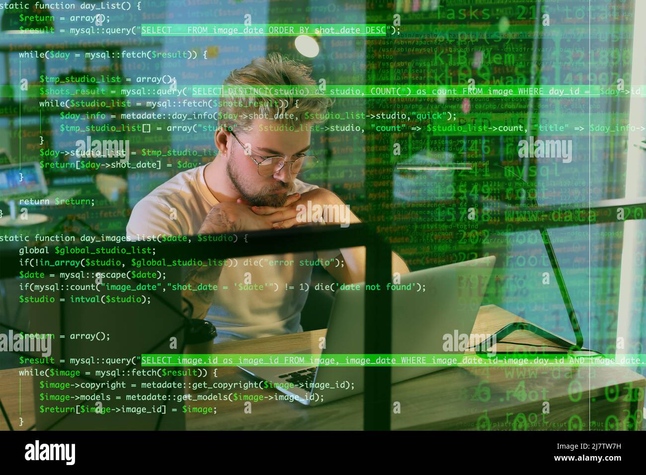 Double exposure of thoughtful male programmer at workplace and computer ...
