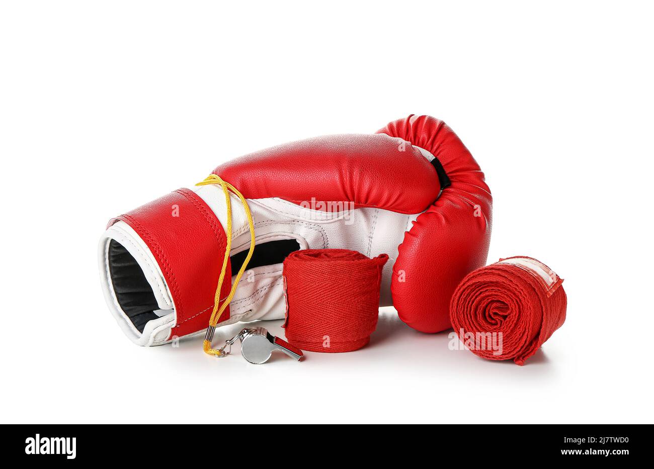 Boxing gloves with whistle and bandage on white background Stock Photo ...