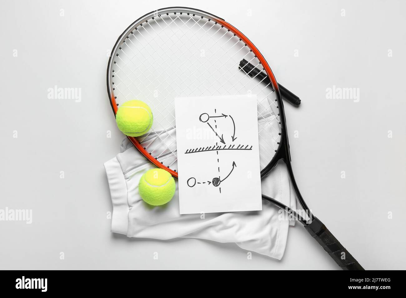 Paper with drawn scheme of tennis, racket, balls and skirt on white ...