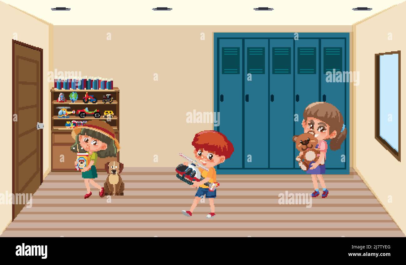 Children holding their toys in the room scene illustration Stock Vector ...
