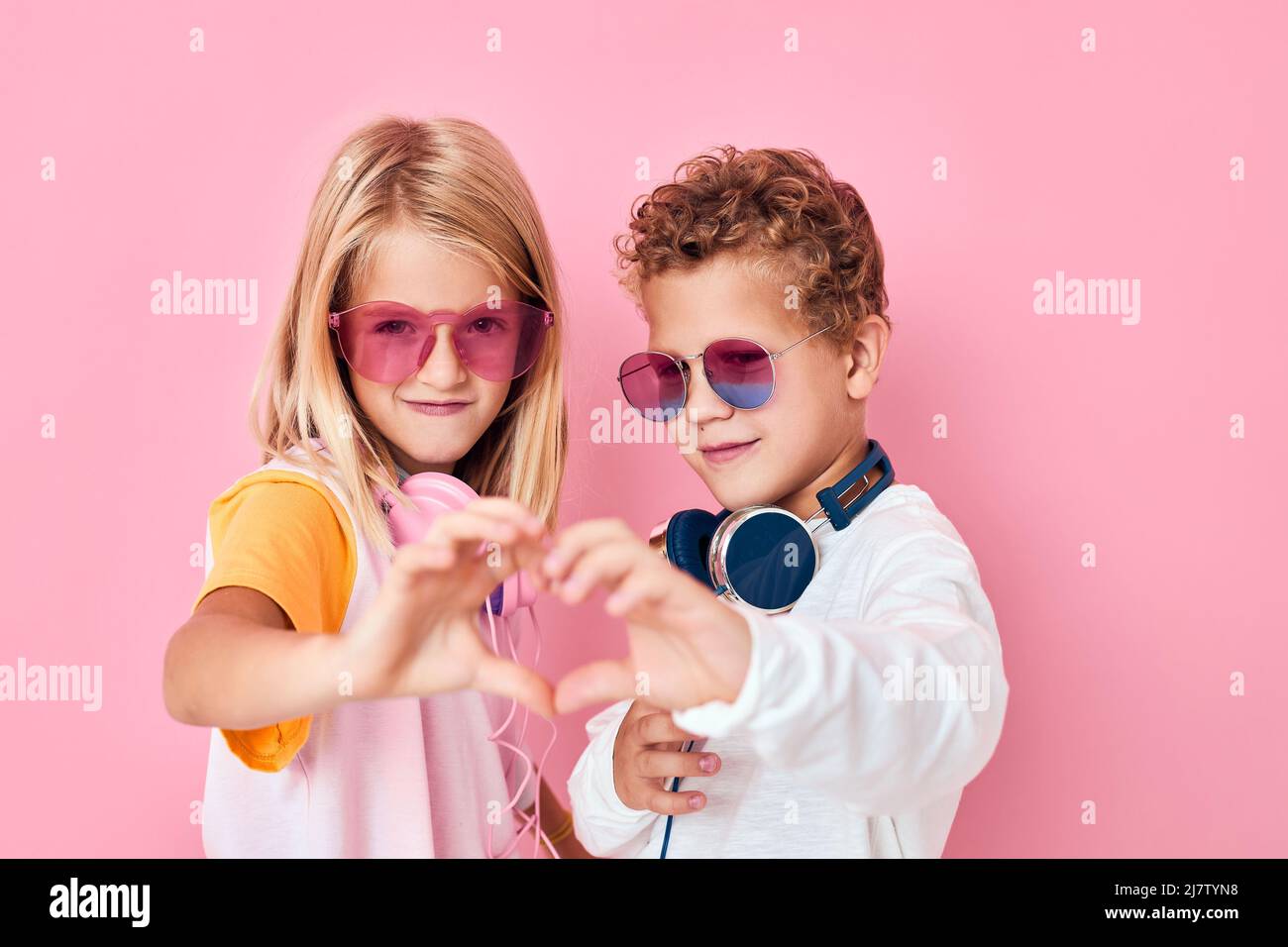 adorable little kids stylish clothes headphones fun studio posing Stock ...