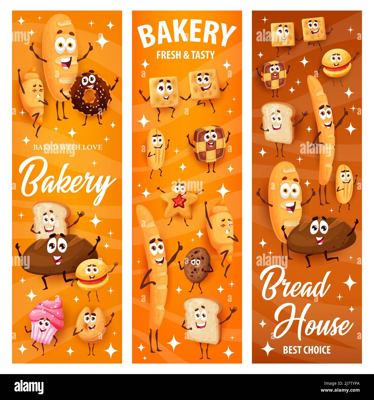 Cartoon bread, bakery and confectionery characters. Vector banners with ...