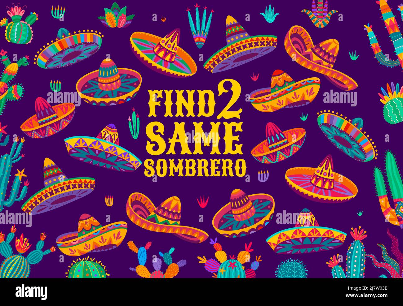 Find two same Mexican sombrero hats, kids game worksheet, vector puzzle ... Find two same Mexican sombrero hats, kids game worksheet, vector puzzle ...