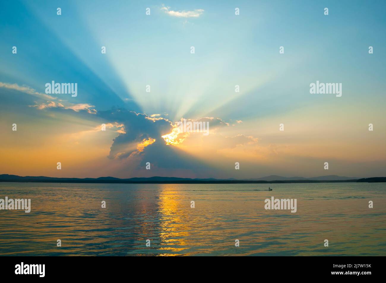 Sea sunset landscape, sea water lit by sunset summer light. Summer ...