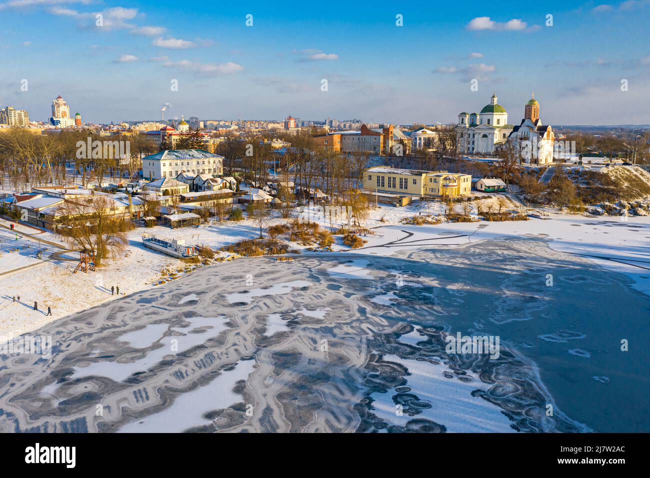 Nice top view of the winter city. Houses and buildings in the snow ...