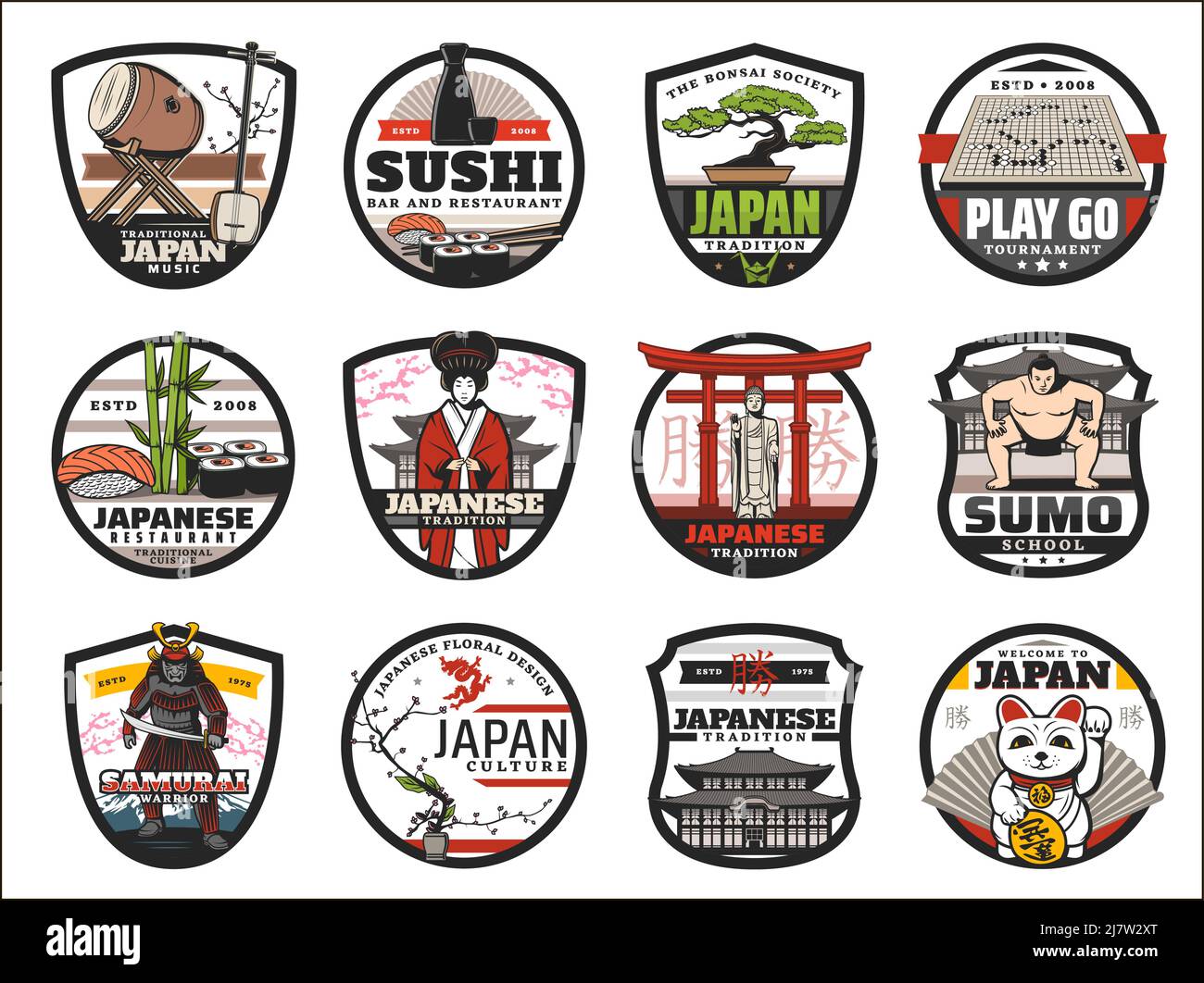 Japan isolated icons with vector Japanese sushi food, bonsai and ...