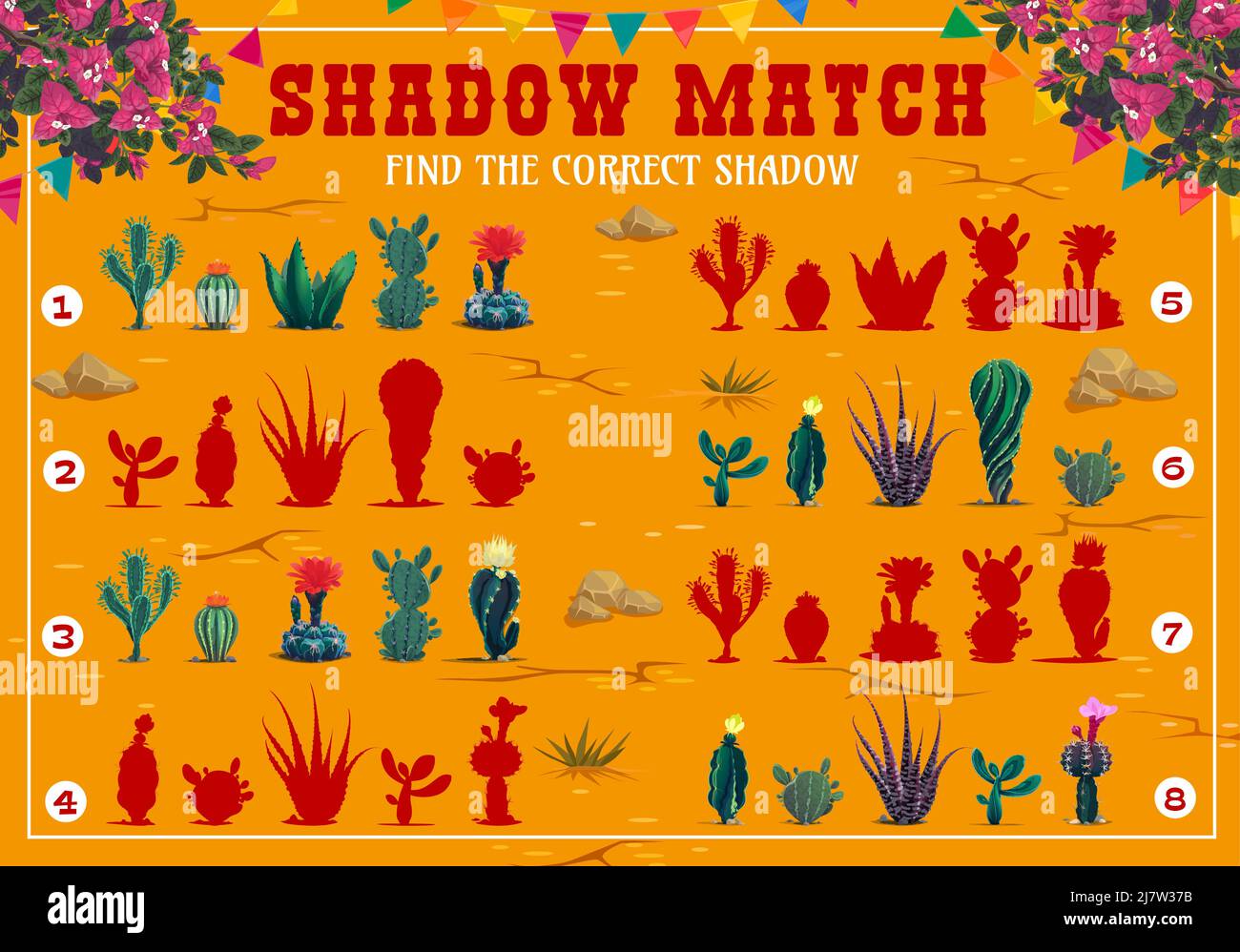 Shadow match game vector worksheet with mexican cactuses succulents in ...