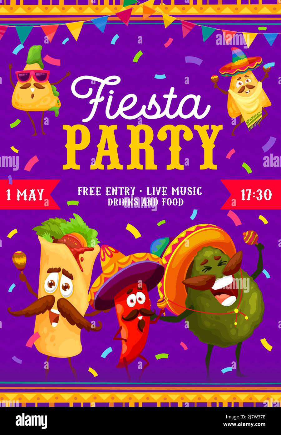 Fiesta party flyer, cartoon mexican food characters. Vector poster with ...