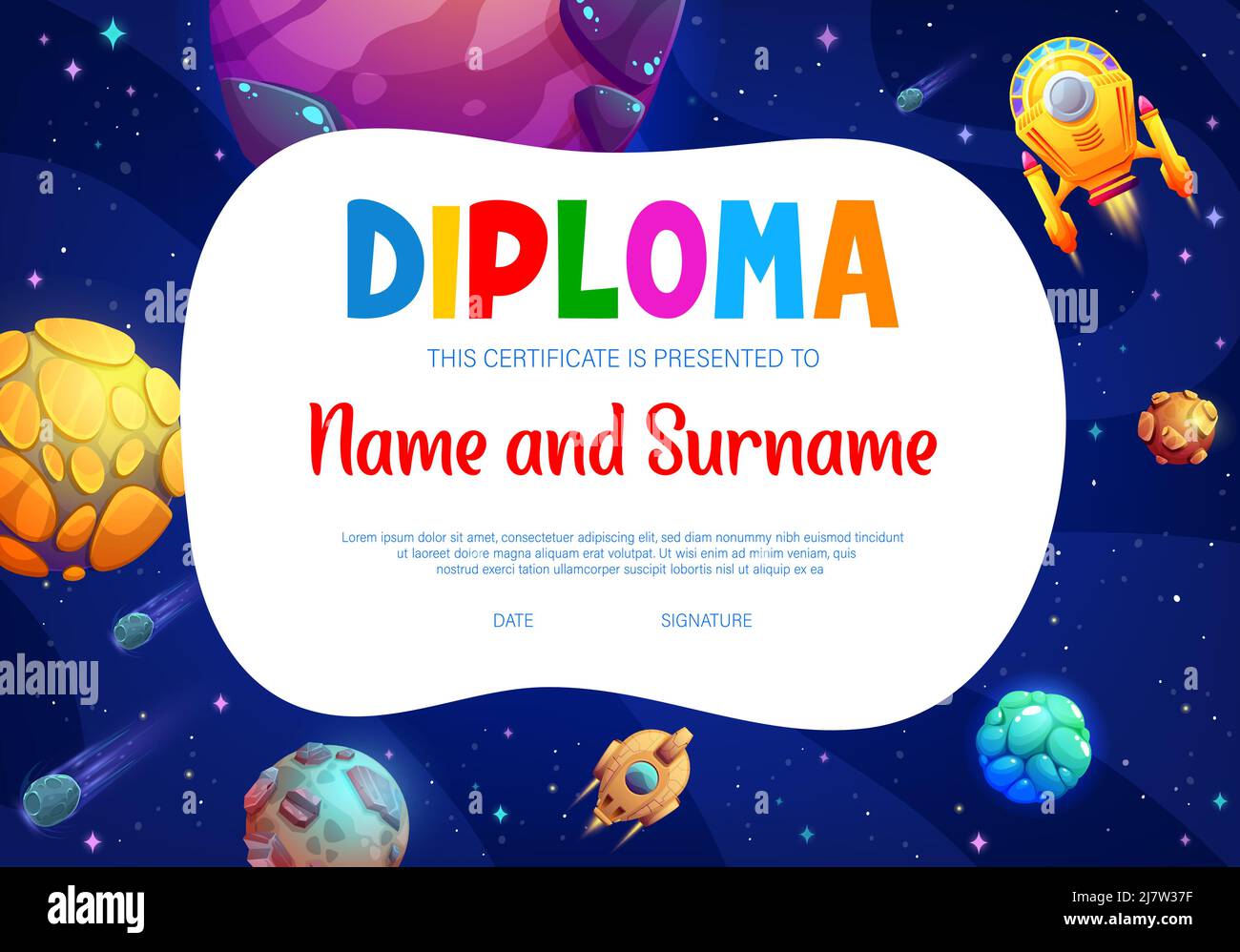 Kids diploma cartoon galaxy space planets and spacecrafts. Vector ...