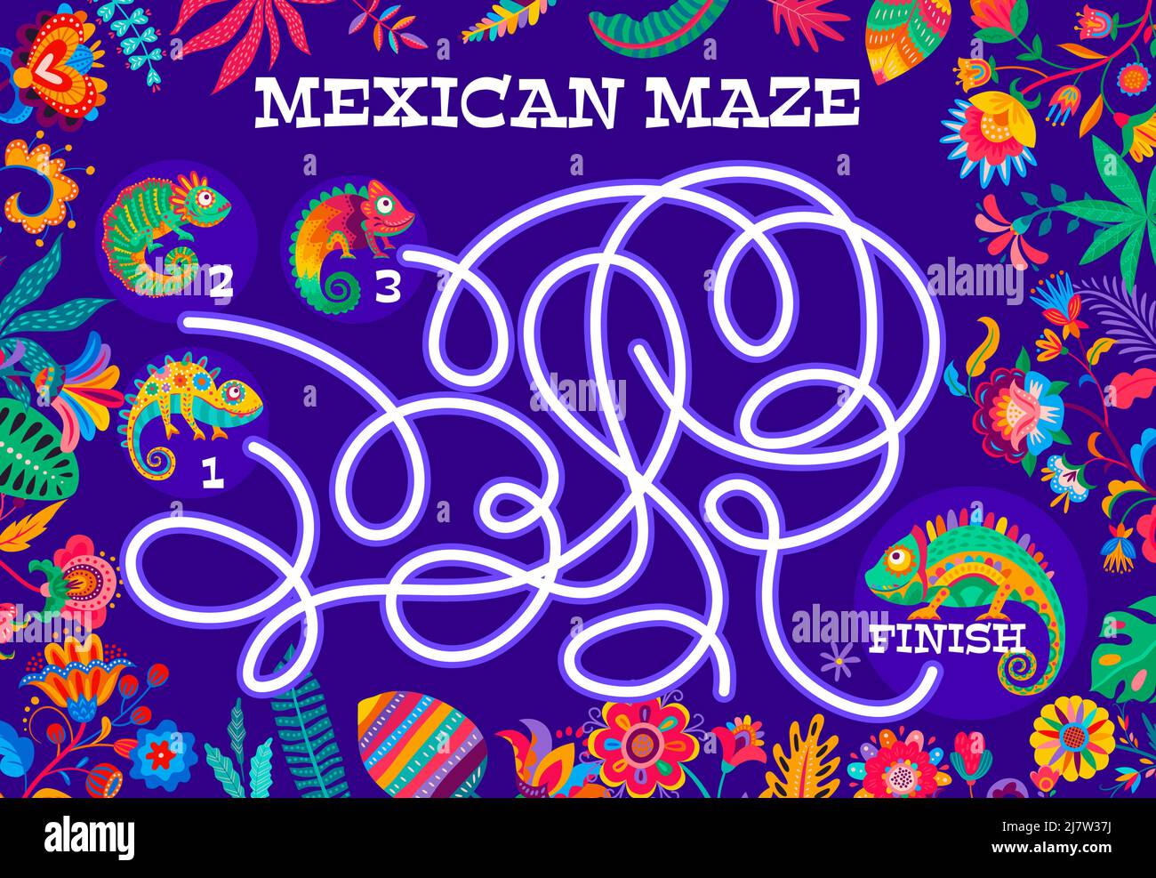 Labyrinth maze worksheet with cartoon Mexican chameleons and flowers ...