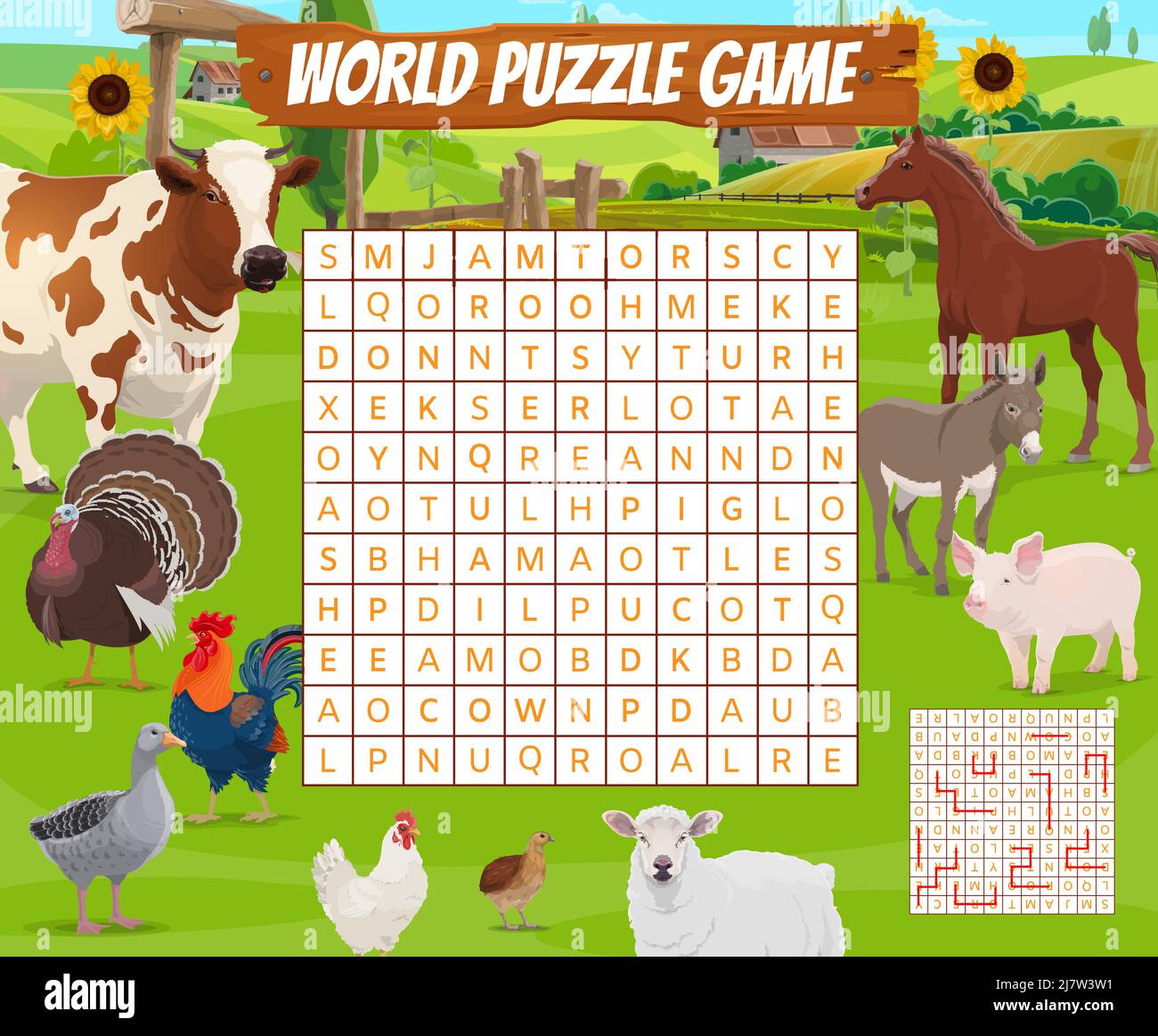 Cartoon farm animals on word search puzzle game worksheet. Children ...