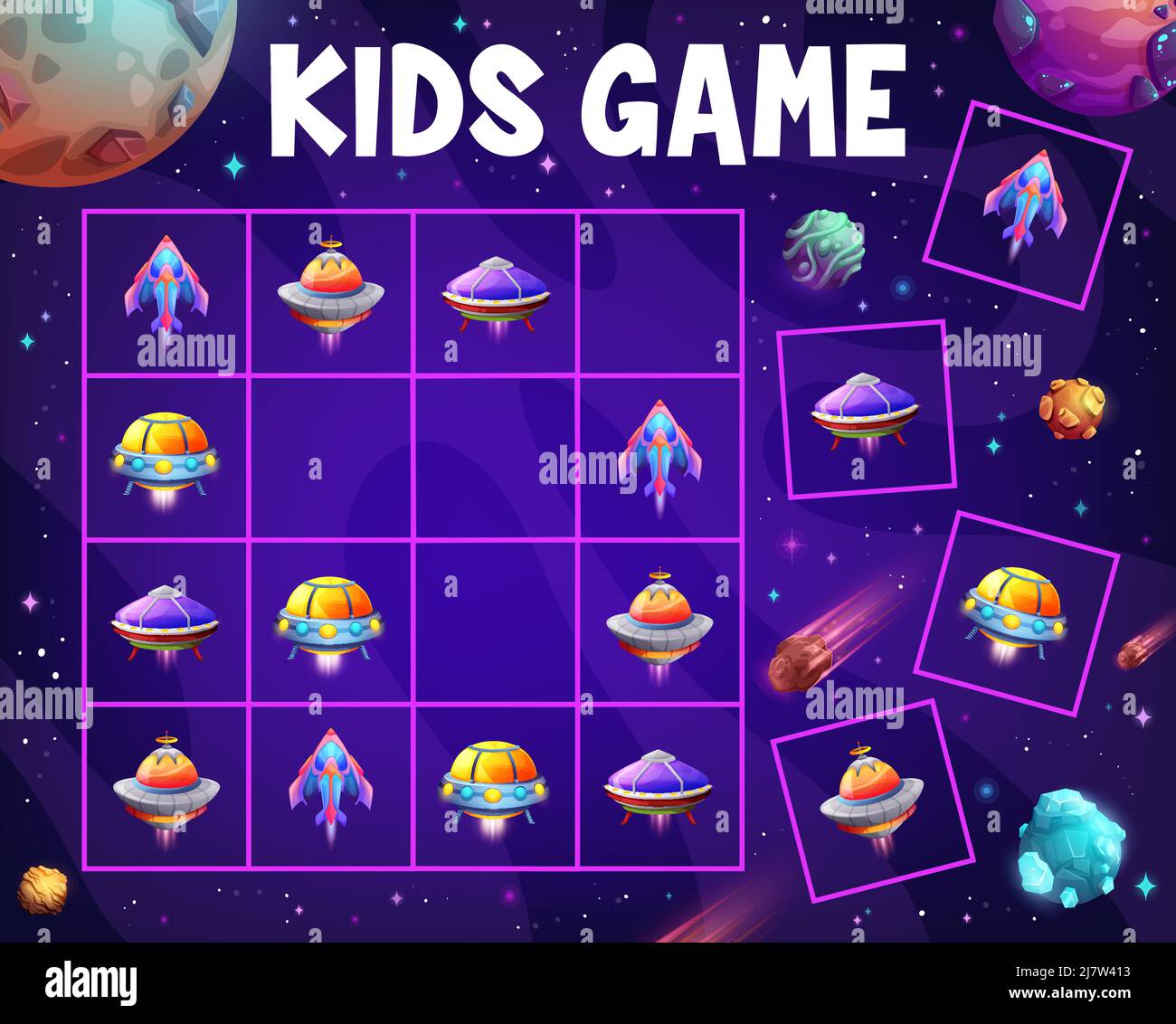 Sudoku kids game ufo, spaceship and alien starship shuttles. Vector ...