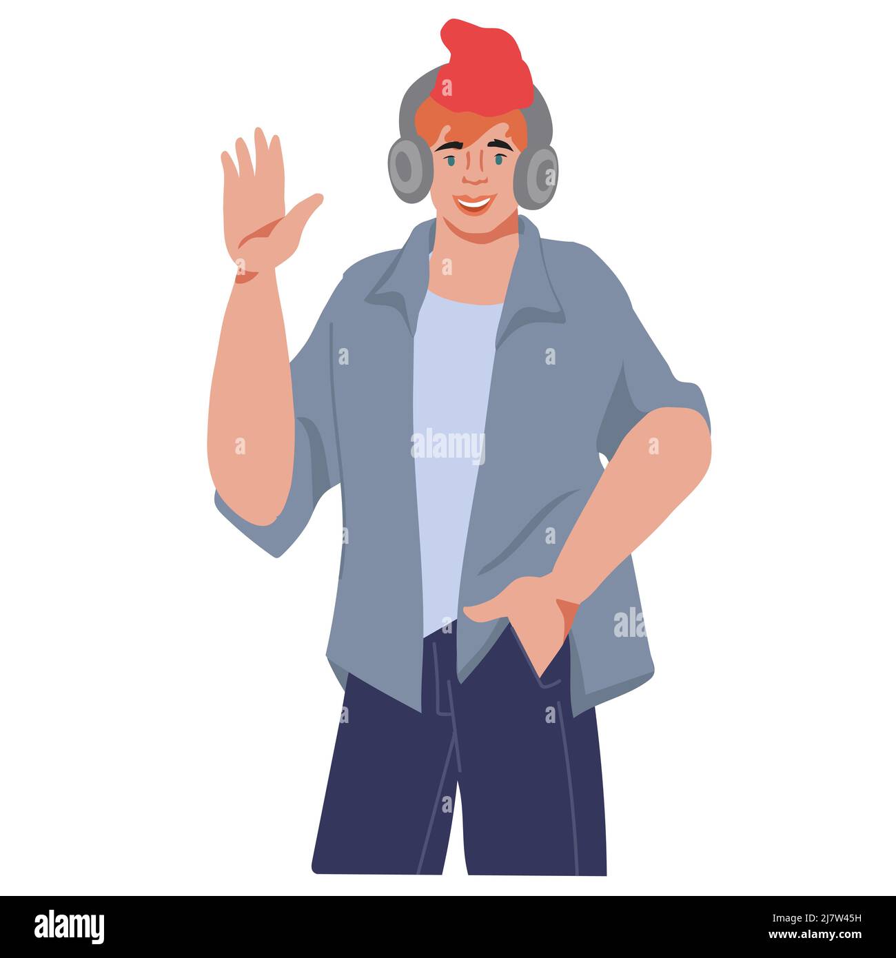 Young smiling man with greeting gesture, standing on a white background ...