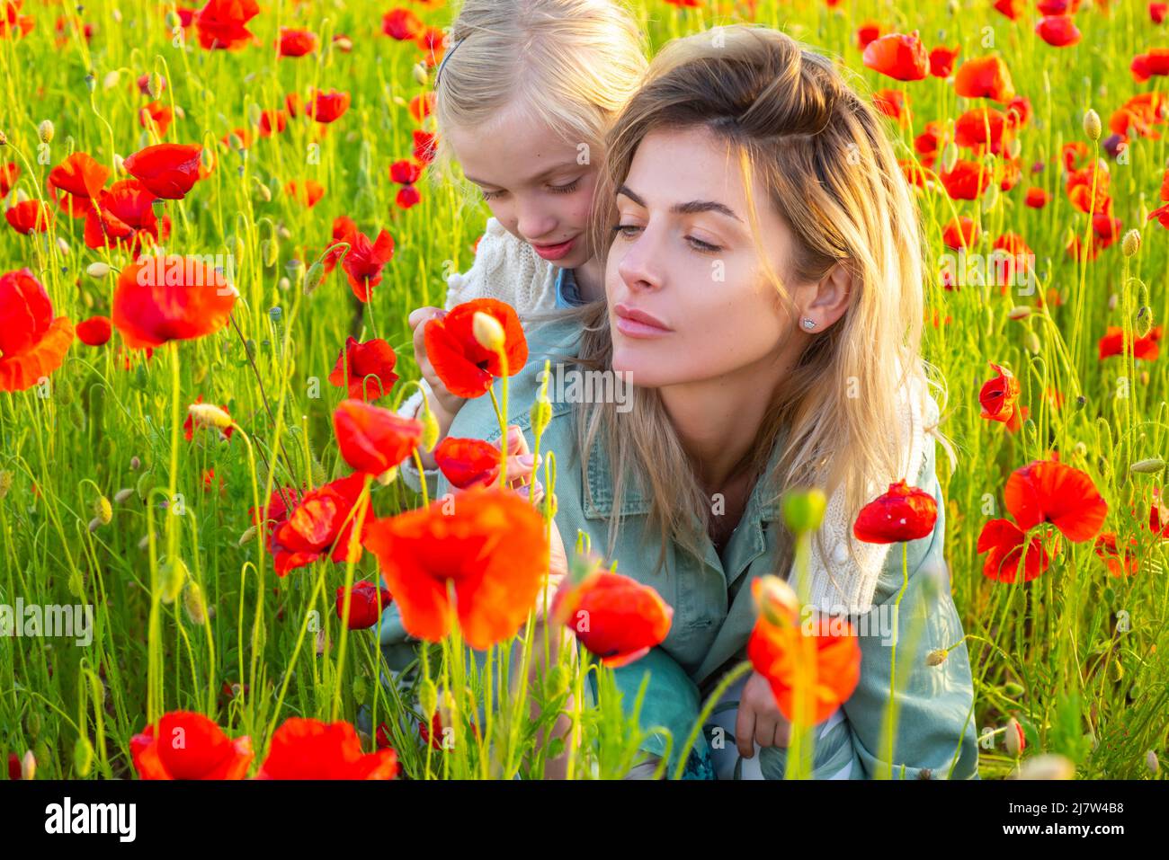 Woman with child girl in field with red poppies. Mother and daughter ...