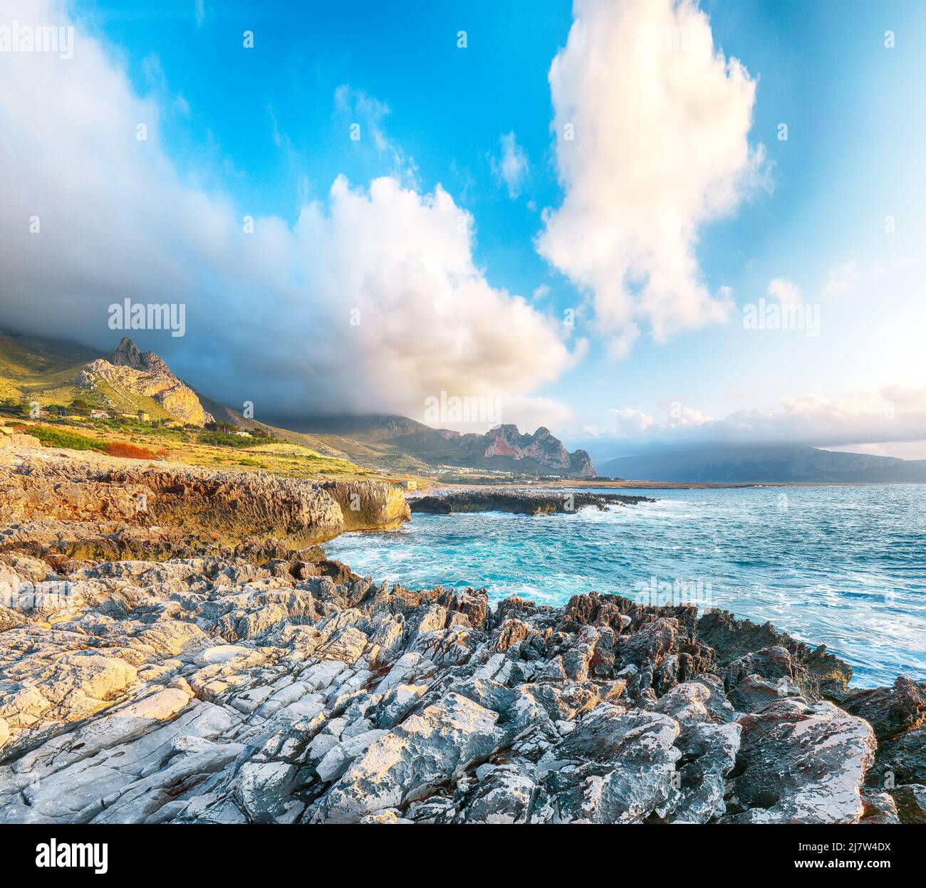 Fabulous evening seascape of Isolidda Beach near San Vito cape. Popular ...
