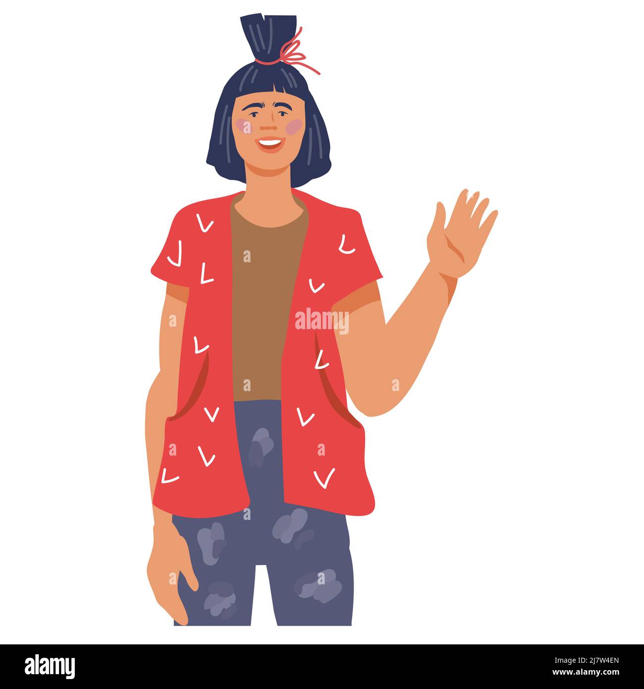 Young smiling cheerful woman with greeting gesture, standing on a white ...