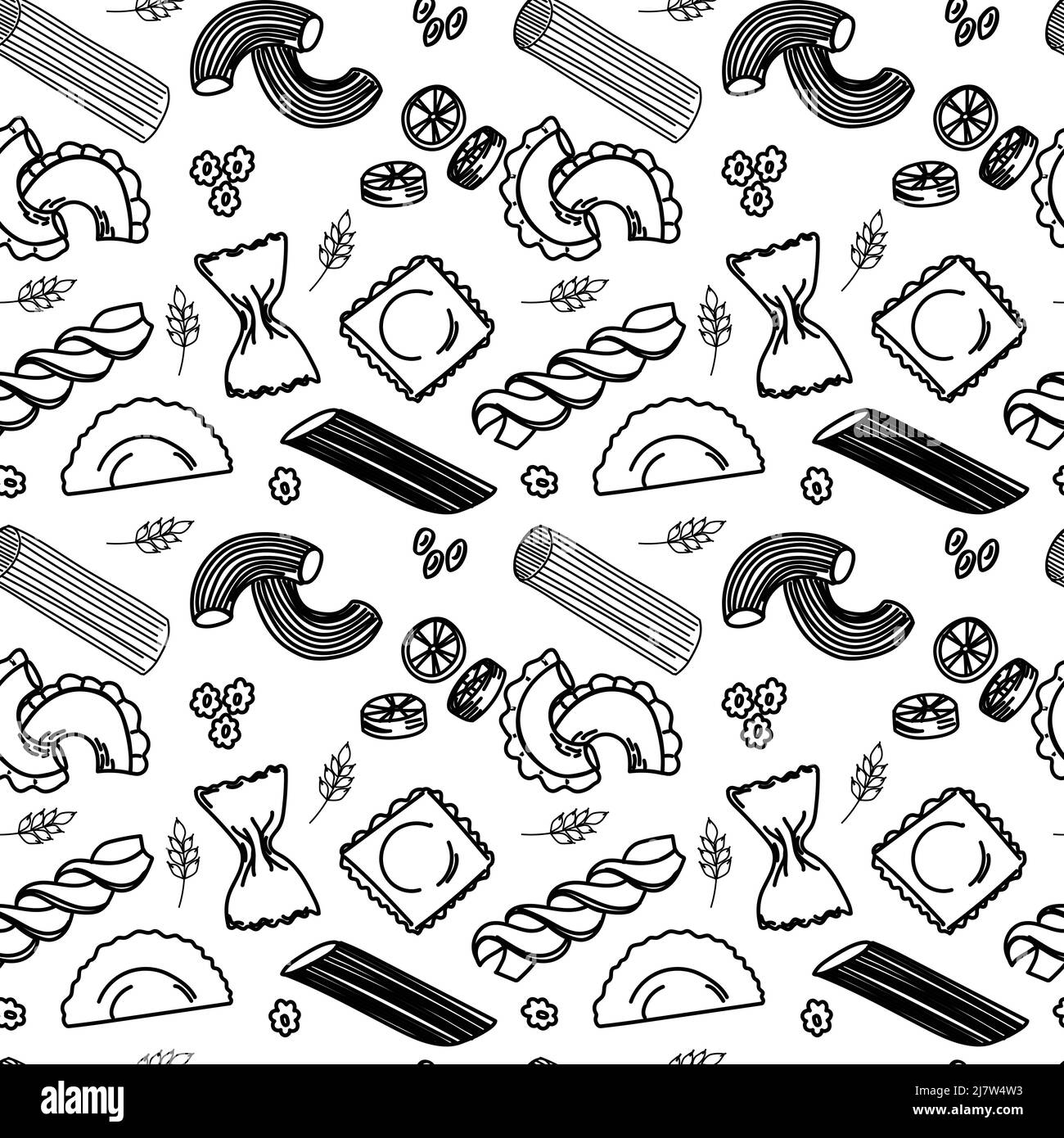 A seamless pattern of different kinds of macaroni, hand-drawn doodles ...