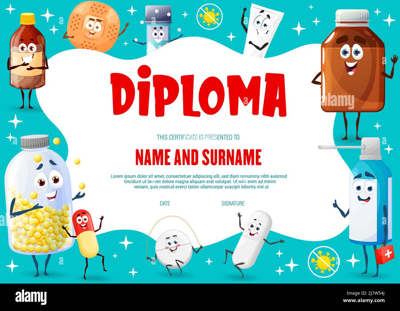 Kids diploma with cartoon drugs, pills and medication characters ...