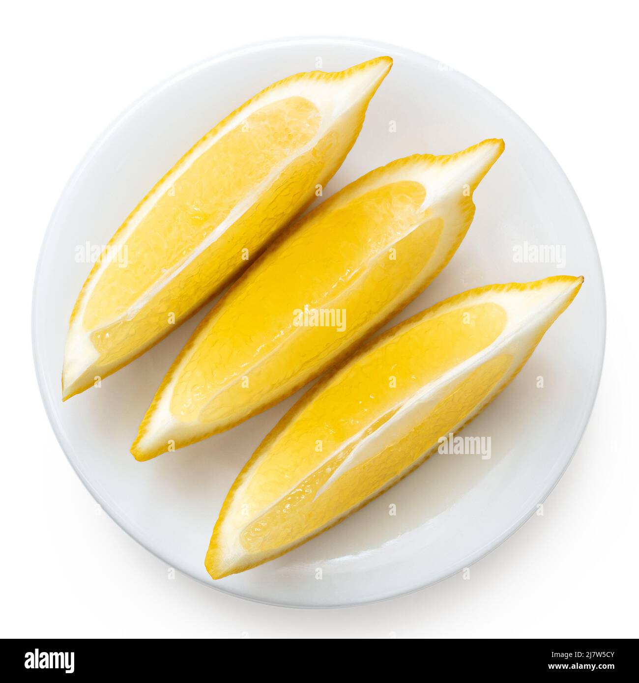 Three segments of fresh lemon on white ceramic plate isolated on white ...