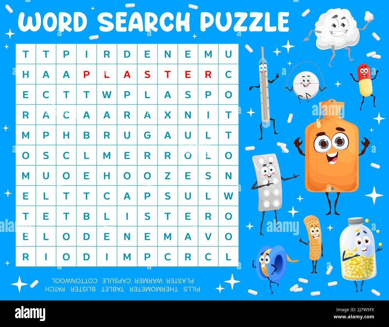 Cartoon hot water bottle, pills and tablets characters word search ...
