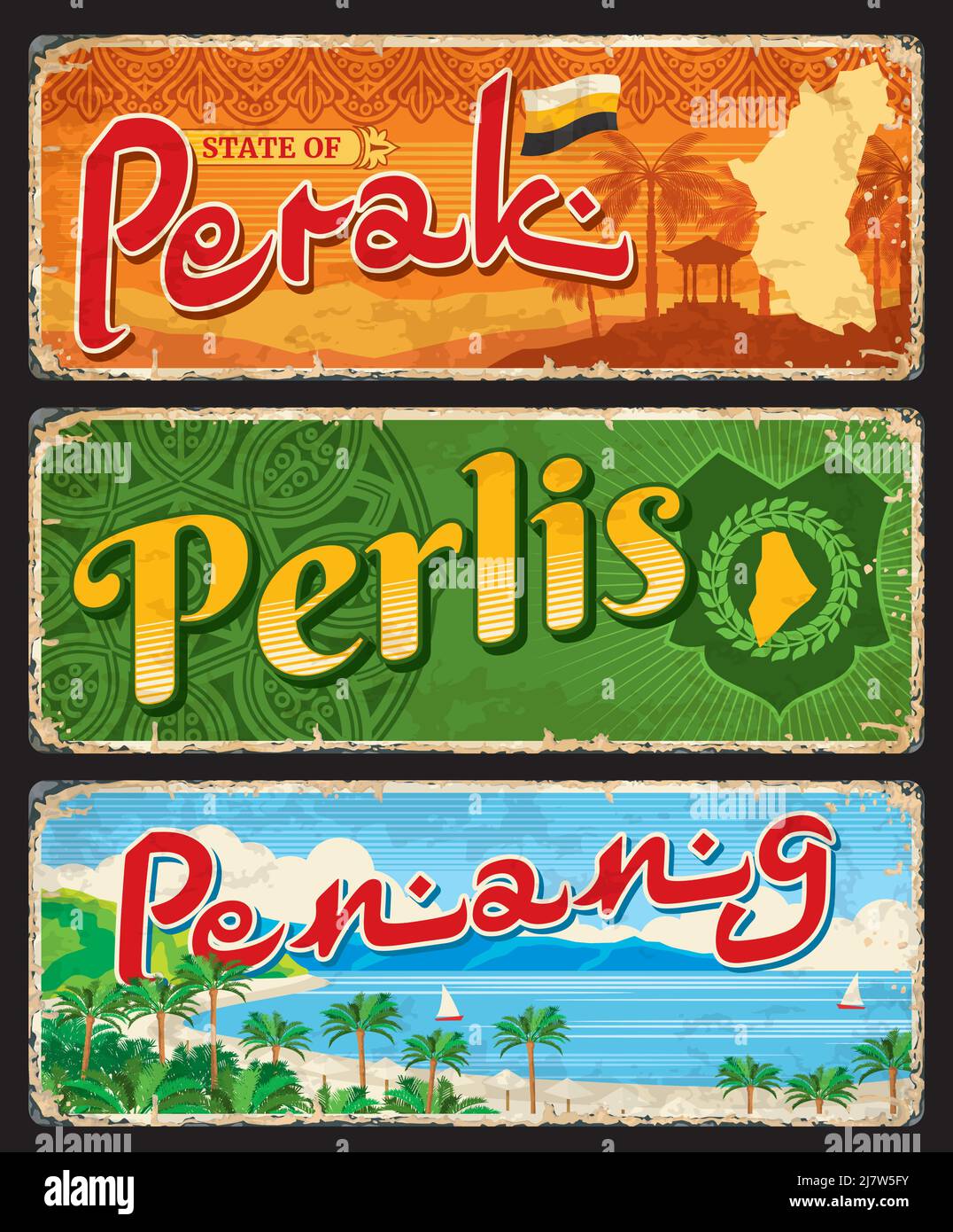 Perak, Penang and Perils, Malaysian regions travel stickers and plates ...