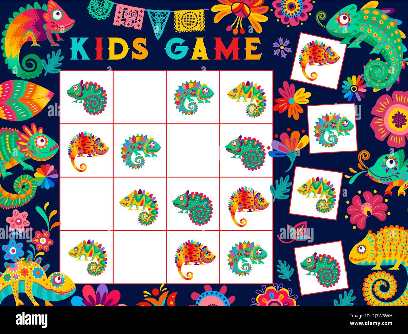 Cartoon mexican chameleons and flowers on kids sudoku game worksheet ...