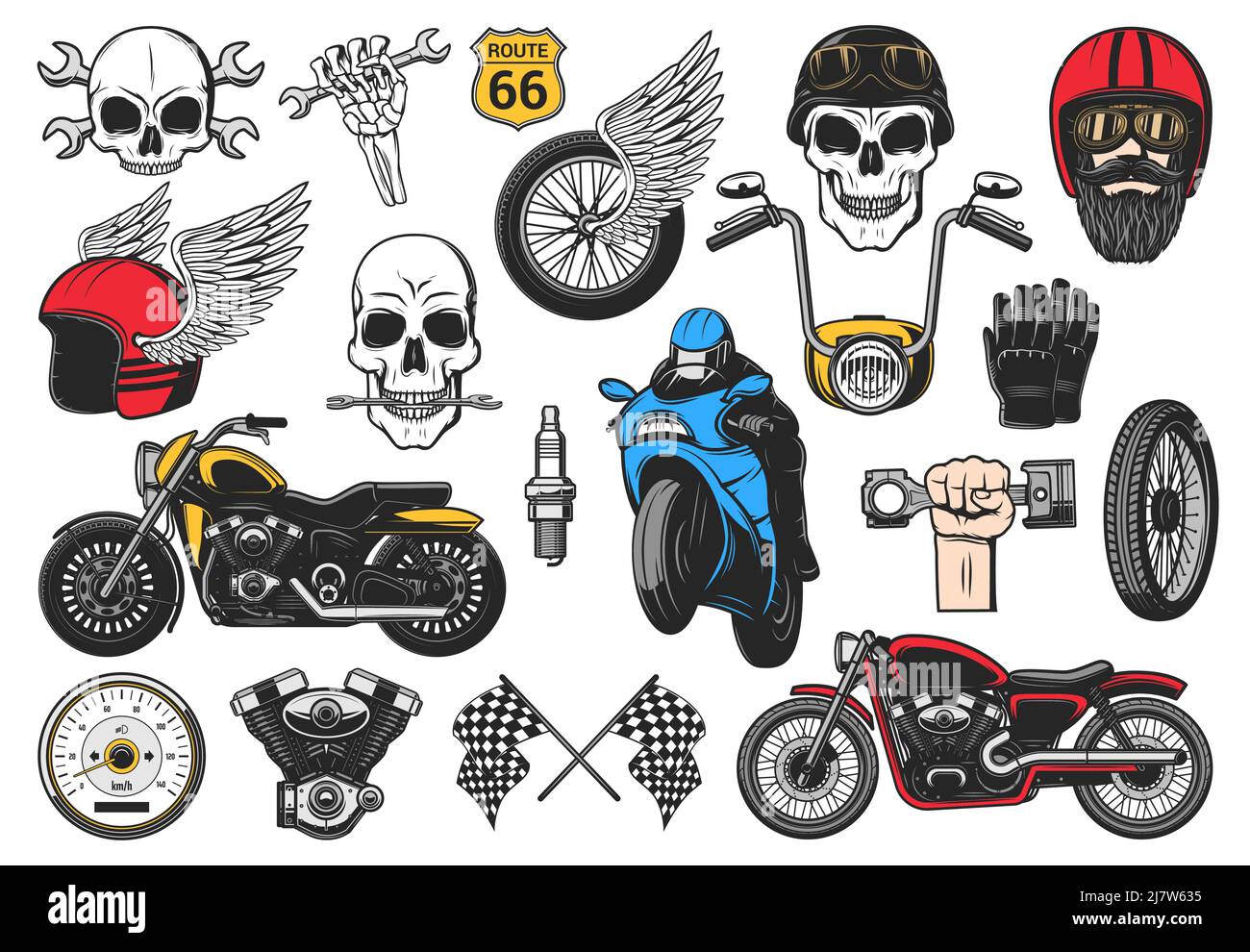 Bikers racing and motorcycle sport speedway icons of skull and chopper ...