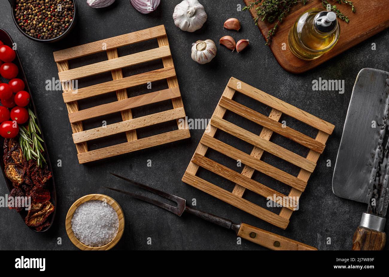 Steak cooking background with seasoning and grilled vegetable Stock ...