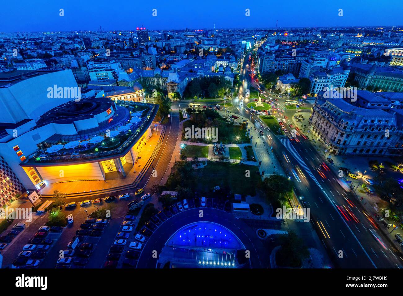 Bucharest by night - high view point panorama over the the city at blue ...