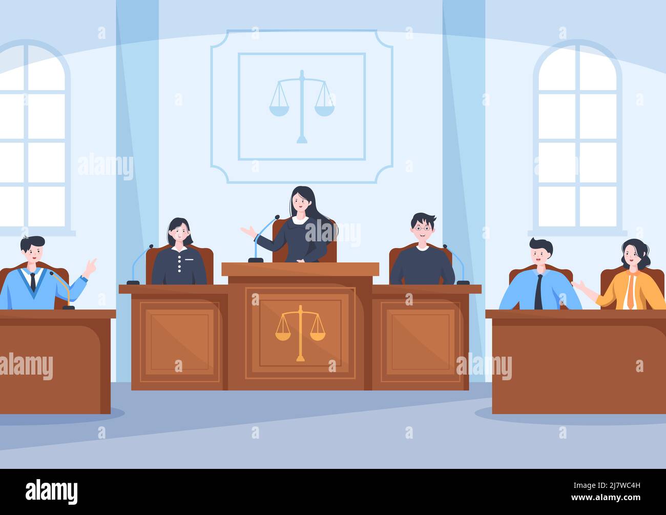 Court Room with Lawyer, Jury Trial, Witness or Judges and the Wooden Judge's Hammer in Flat ...