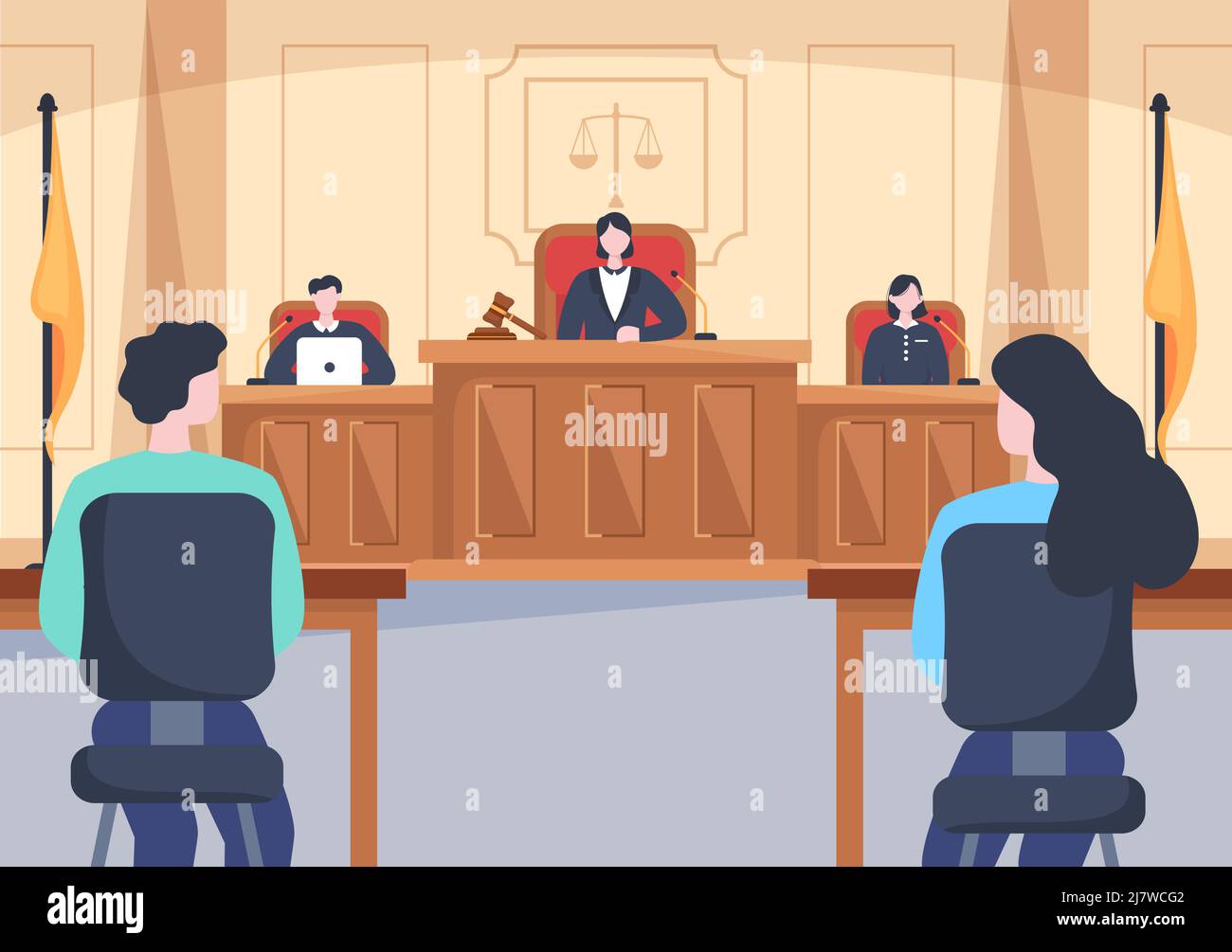 Court Room with Lawyer, Jury Trial, Witness or Judges and the Wooden Judge's Hammer in Flat ...